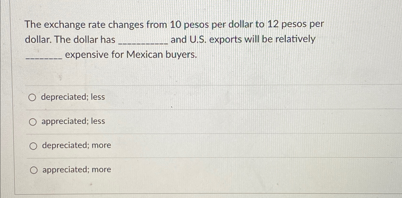 Solved The exchange rate changes from 10 ﻿pesos per dollar | Chegg.com