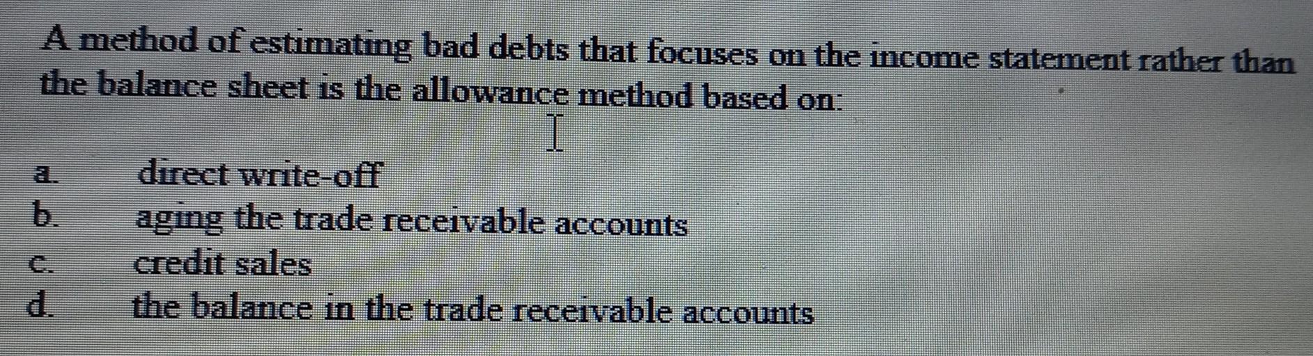 Solved A method of estimating bad debts that focuses on the | Chegg.com