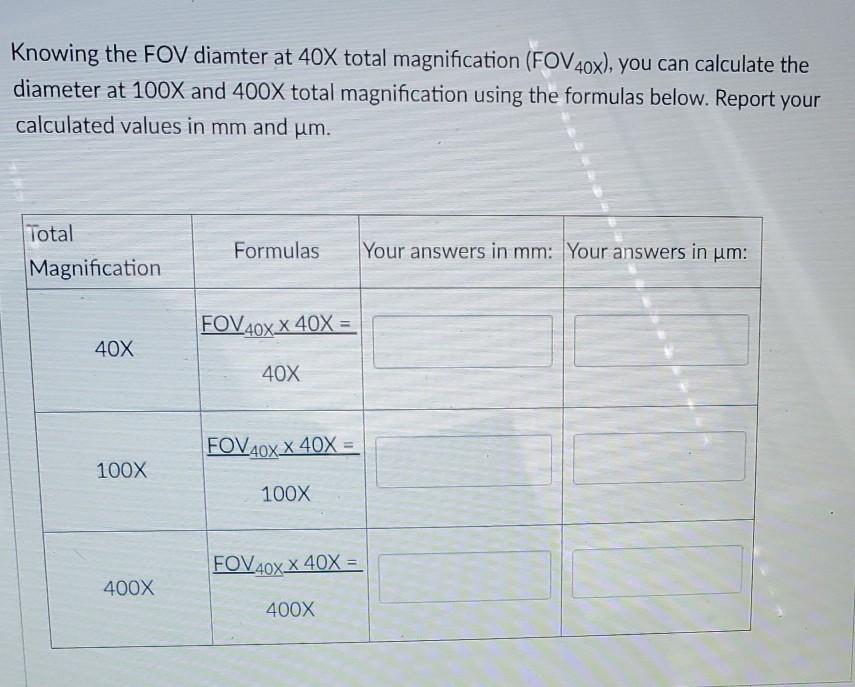 Solved Knowing the FOV diamter at 40X total magnification | Chegg.com