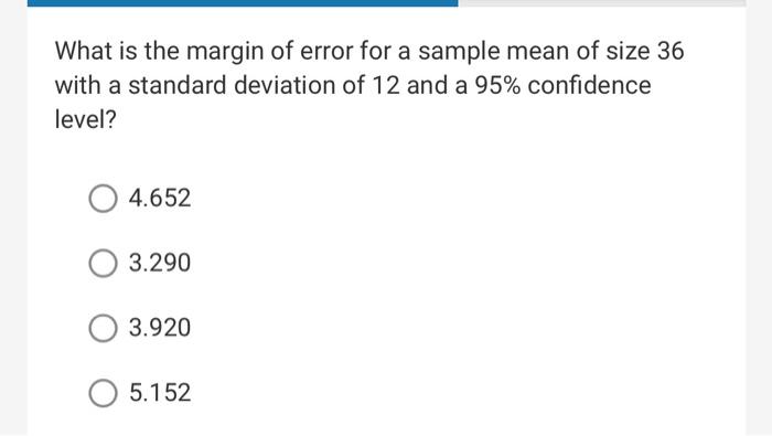 Solved What is the margin of error for a sample mean of size | Chegg.com