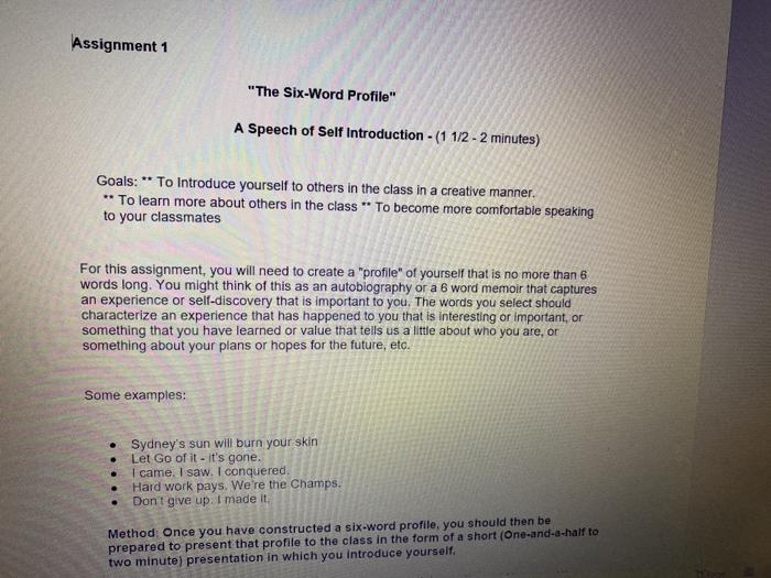 Assignment 1 "The Six-Word Profile" A Speech of Self | Chegg.com