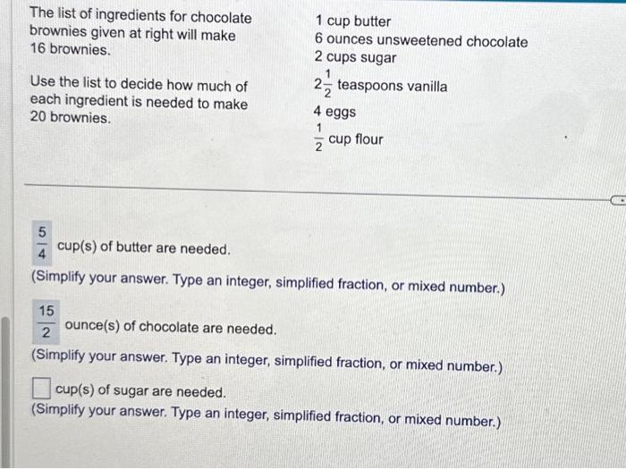 Solved The list of ingredients for chocolate brownies given | Chegg.com