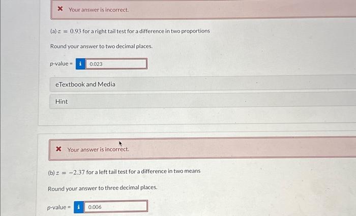 Solved A Z093 For A Right Tail Test For A Difference In 7635