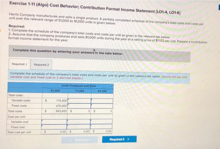 Solved Exercise 1-11 (Algo) Cost Behavior, Contribution | Chegg.com