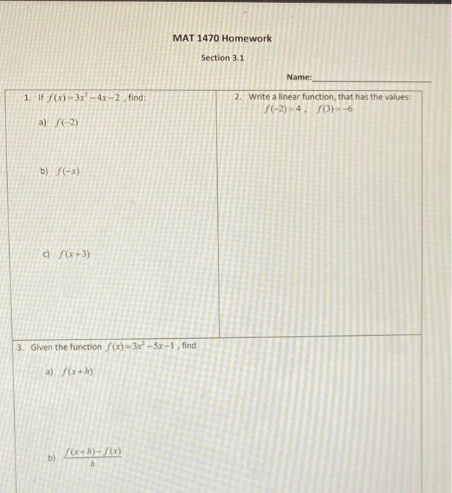 Solved Mat 1470 Homework Section 3 1 Name 2 Write A Linear