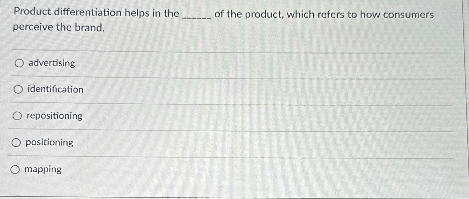 Solved Product differentiation helps in the of the product, | Chegg.com