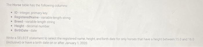 Solved The Horse table has the following columns • 1D | Chegg.com