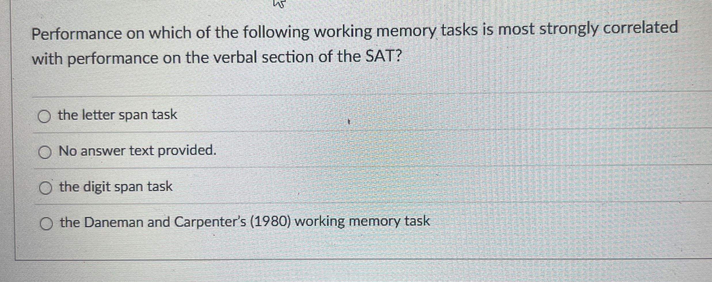 Solved Performance on which of the following working memory | Chegg.com