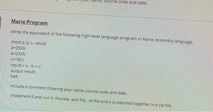 Solved Course code and date. Marie Program Write the | Chegg.com