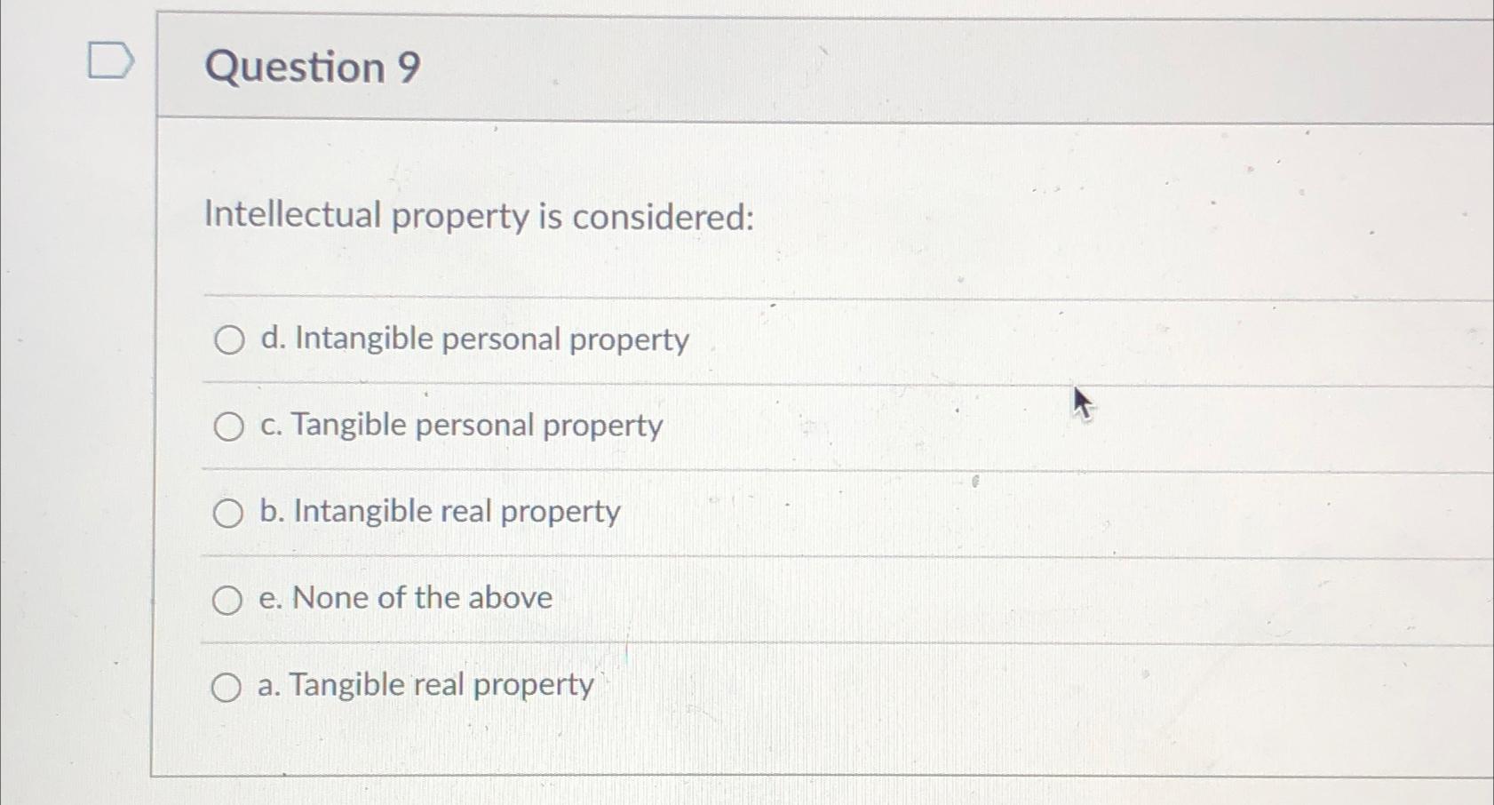 Solved Question 9Intellectual property is considered:d. | Chegg.com