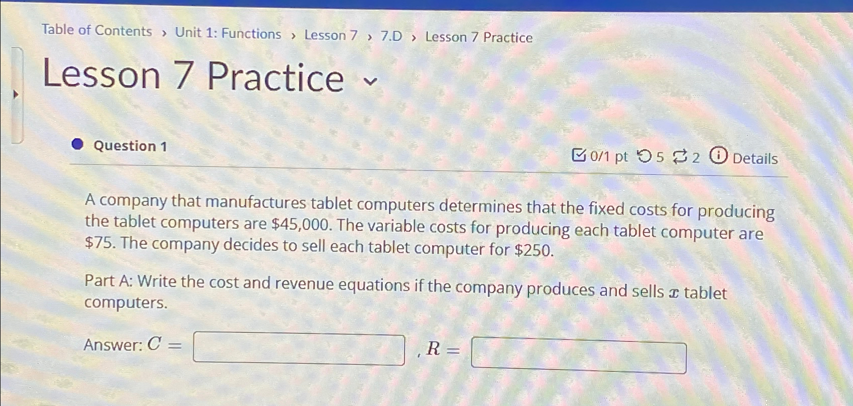 Solved Table of Contents , Unit 1: Functions , Lesson 7 , | Chegg.com