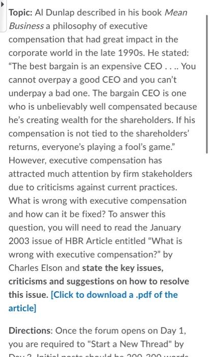 Solved Topic: Al Dunlap described in his book Mean Business | Chegg.com