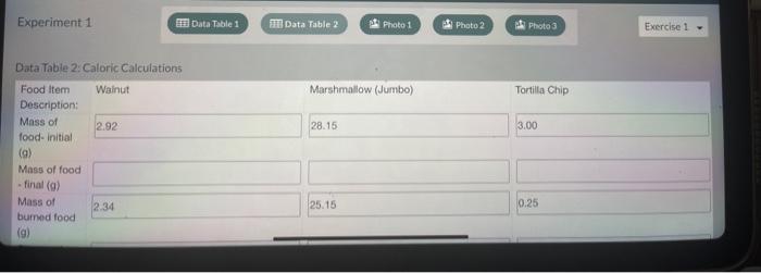 Solved DataTable 2: Caloric Calculations (g) Mass of food - | Chegg.com