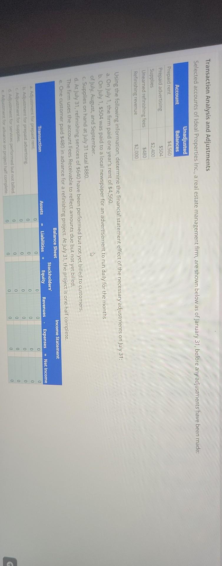 Solved Transaction Analysis and Adjustments Selected | Chegg.com