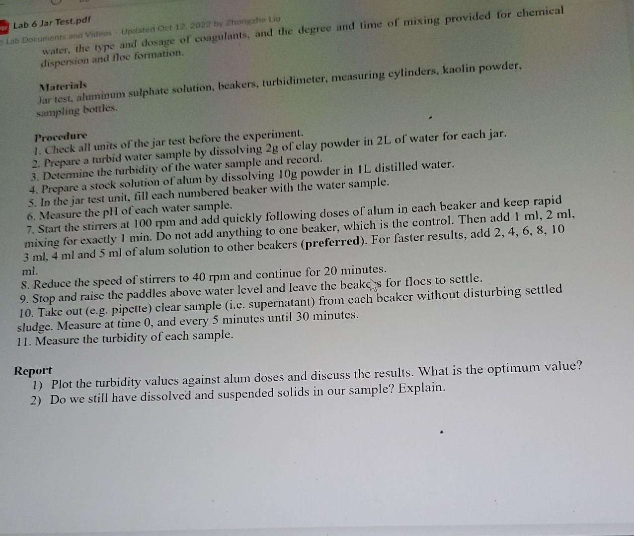 Solved Plot the turbidity values against alum doses and | Chegg.com