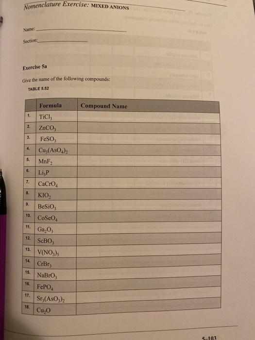Solved Nomenclature Exercise: MIXED ANIONS Name: Section: | Chegg.com
