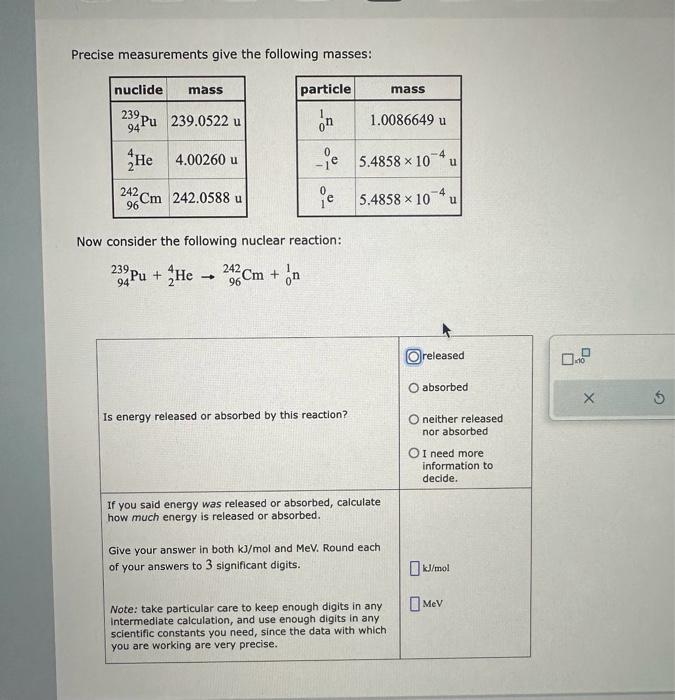 Solved Precise measurements give the following masses: Now | Chegg.com