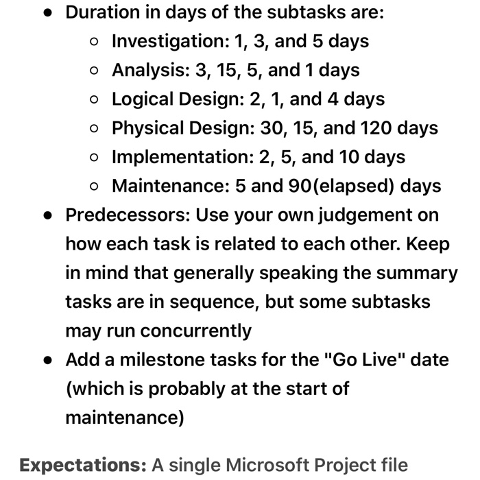 Assignment: Create a Microsoft Project file that | Chegg.com