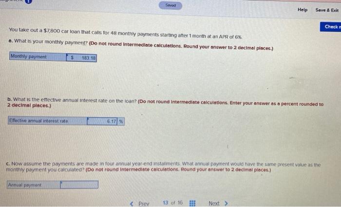 Solved Sved Help Save & Exit Check You take out a $7,800 car | Chegg.com