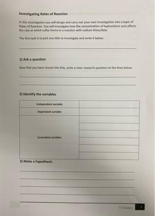 Solved Investigating Rates of Reaction In this investigation | Chegg.com