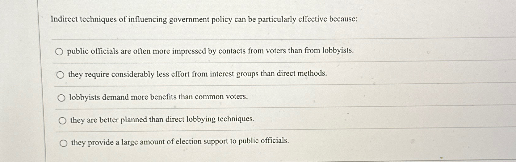 Solved Indirect techniques of influencing government policy | Chegg.com