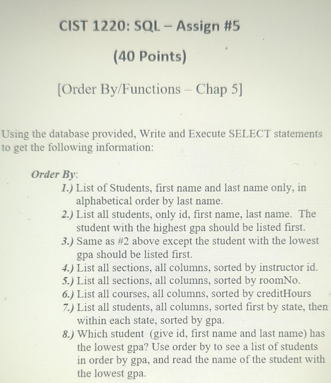 Solved CIST 1220: SQL - Assign \#5 (40 Points) [Order | Chegg.com