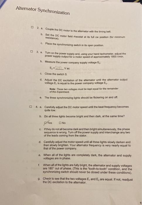 Solved Experiment 12 Alternator Synchronization OBJECTIVE To | Chegg.com