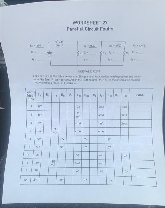 Solved WORKSHEET 27 Parallel Circuit Faults NORMAL CIRCUIT | Chegg.com