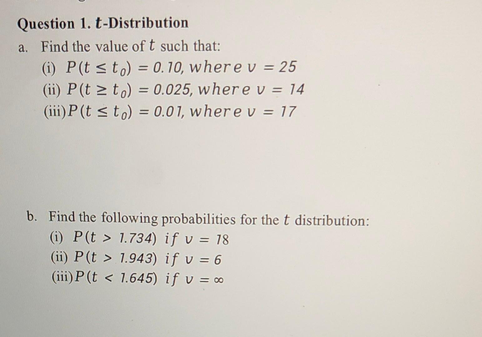 Solved Question 1.t-Distribution a. Find the value of t such | Chegg.com