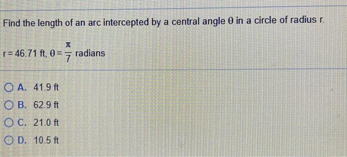 Solved Find the length of an arc intercepted by a central | Chegg.com