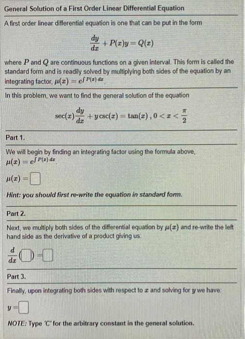 Solved General Solution of a First Order Linear Differential | Chegg.com