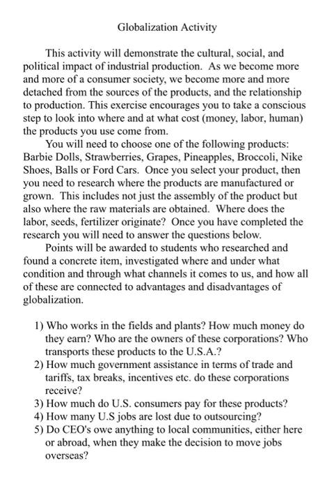 Globalization Activity This activity will demonstrate | Chegg.com