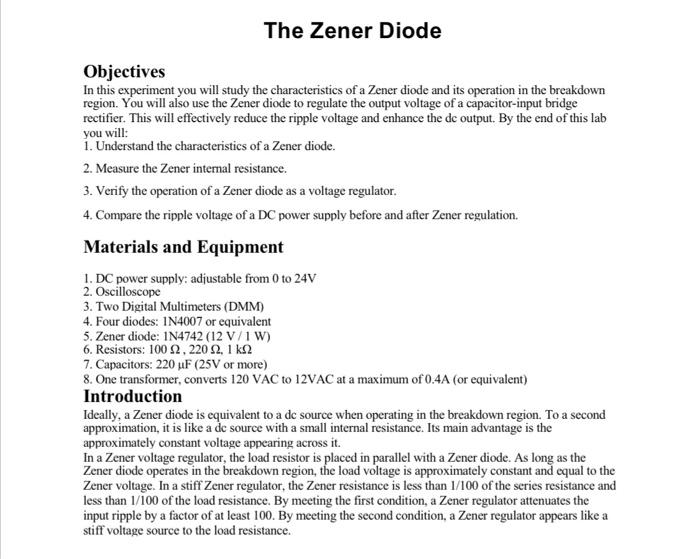 I have the lab experiment about the Zener Diode in | Chegg.com