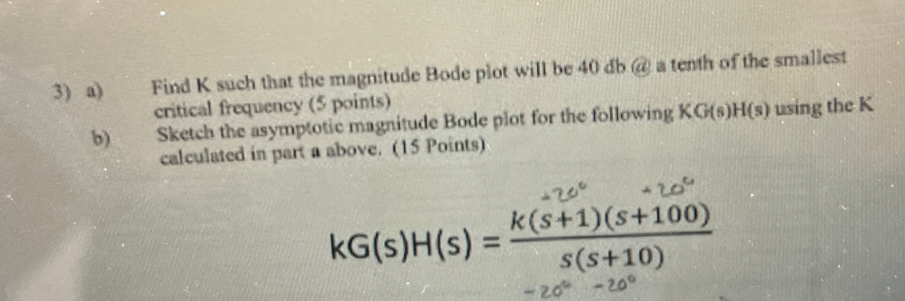 Solved a) ﻿Find K ﻿such that the magnitude Bode plot will be | Chegg.com