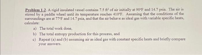 Solved A rigid insulated vessel contains 7.5 ft³ of air | Chegg.com