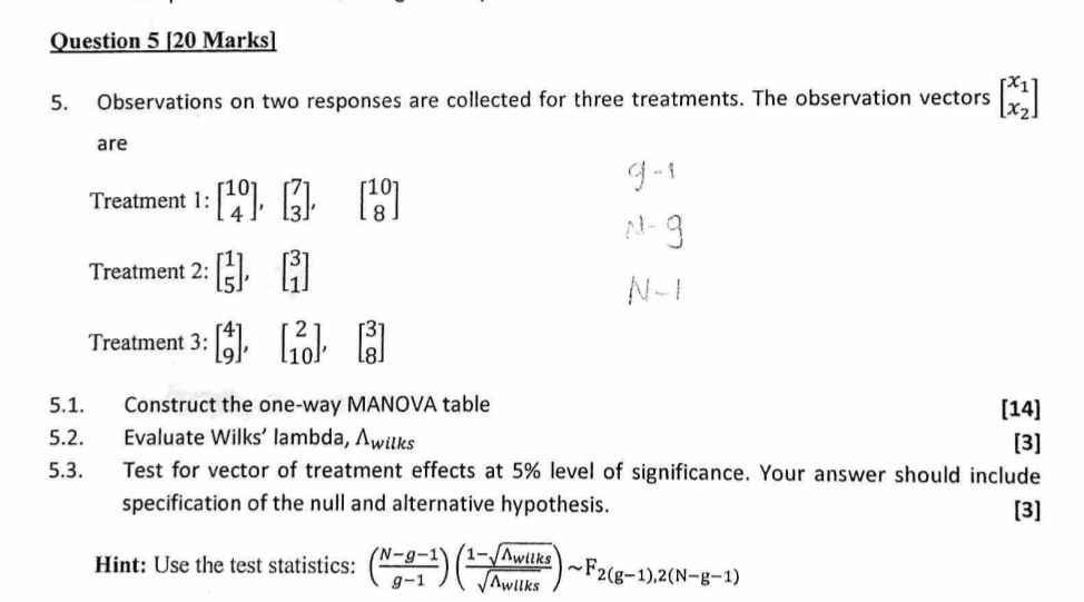 Solved Question 5 [20 ﻿Marks]Observations on two responses | Chegg.com