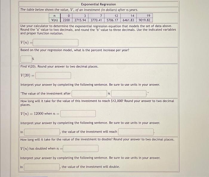 Solved Exponential Regression The table below shows the | Chegg.com
