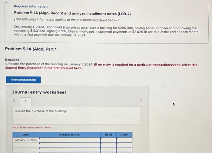 Solved Required information Problem 9-1A (Algo) Record and | Chegg.com