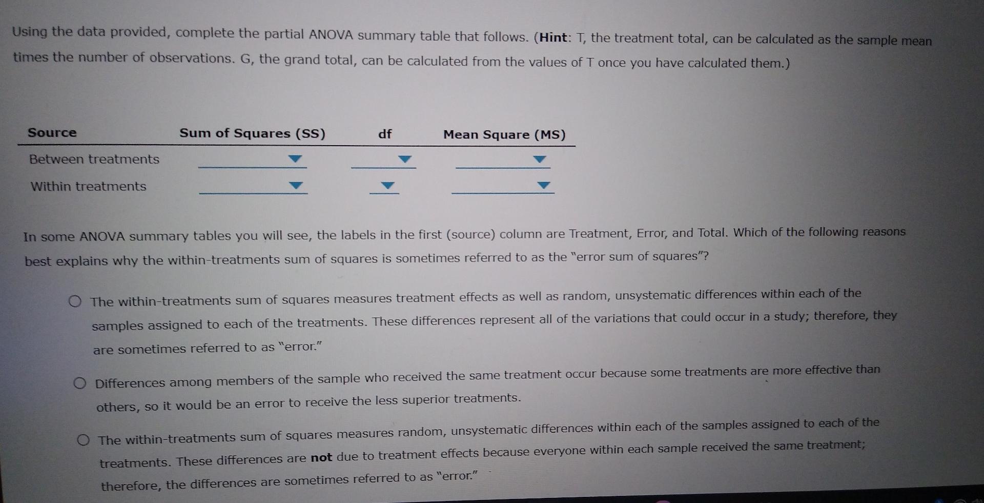 Solved 5. ANOVA calculations and rejection of the null | Chegg.com