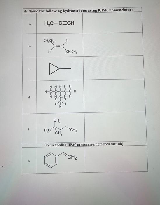 Solved 4. Name the following hydrocarbons using IUPAC | Chegg.com