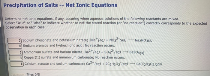 Solved Precipitation of Salts - Net Ionic Equations | Chegg.com