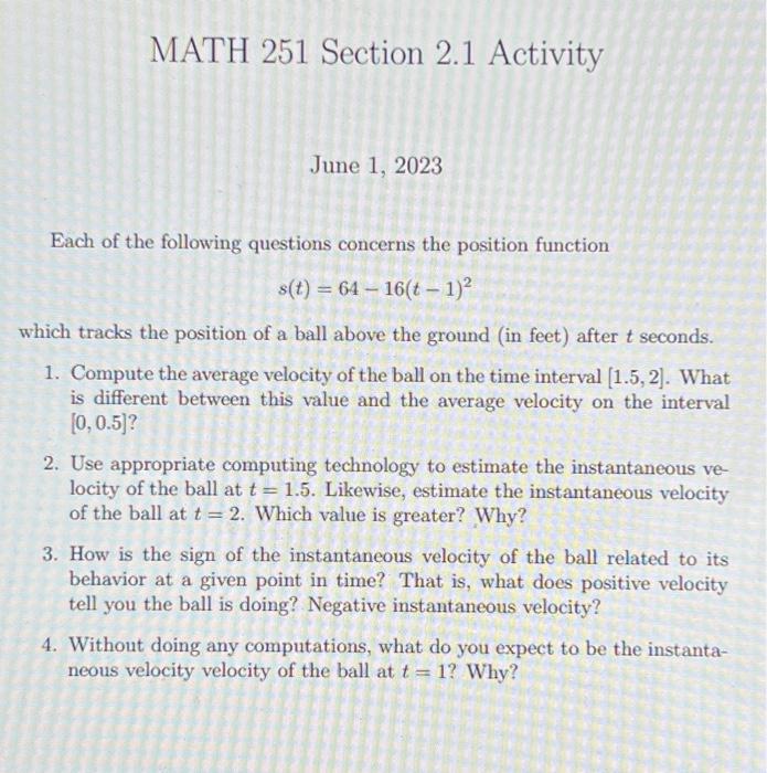 Solved MATH 251 Section 2.1 Activity June 1,2023 Each of the | Chegg.com