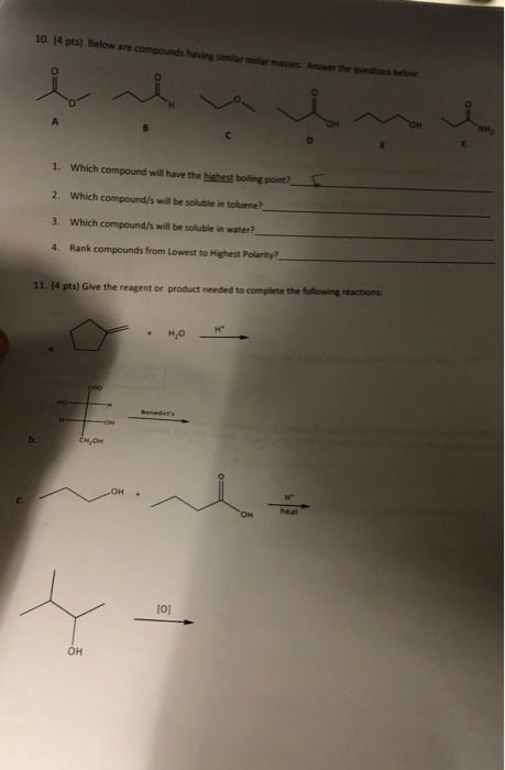 Solved 10. (4 pts) Below are compounds having similar molar | Chegg.com