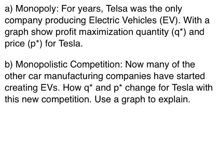 Solved a) Monopoly: For years, Telsa was the only company | Chegg.com