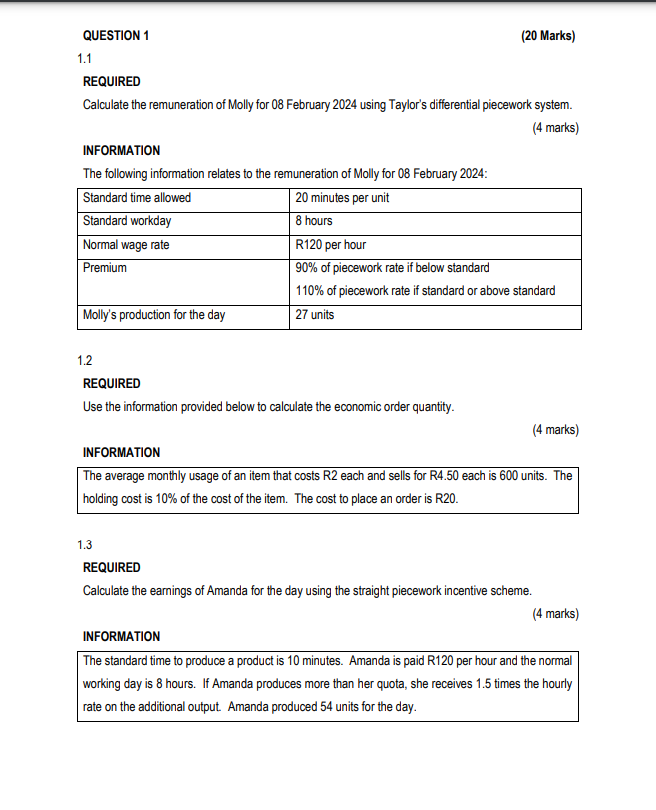 Solved QUESTION 1(20 ﻿Marks)1.1REQUIREDCalculate the | Chegg.com