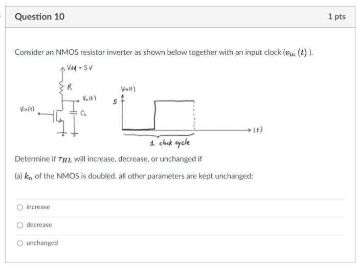 Solved Question 10 1 pts Consider an NMOS resistor inverter | Chegg.com
