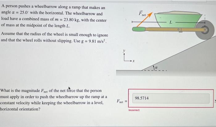 Solved A person pushes a wheelbarrow along a ramp that makes | Chegg.com