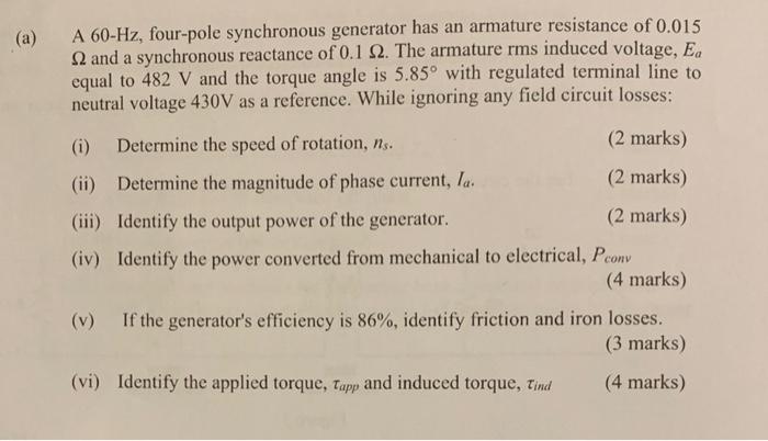 Solved a) A 60−Hz, four-pole synchronous generator has an | Chegg.com