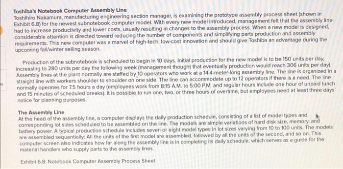 Solved Toshiba's Notebook Computer Assembly Line Toshihiro | Chegg.com