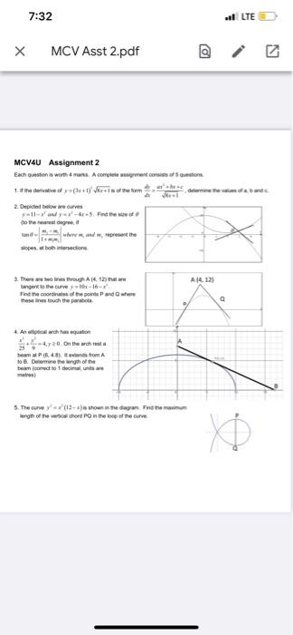 Solved 7:32 LTE х MCV Asst 2.pdf MCV4U Assignment 2 Each | Chegg.com